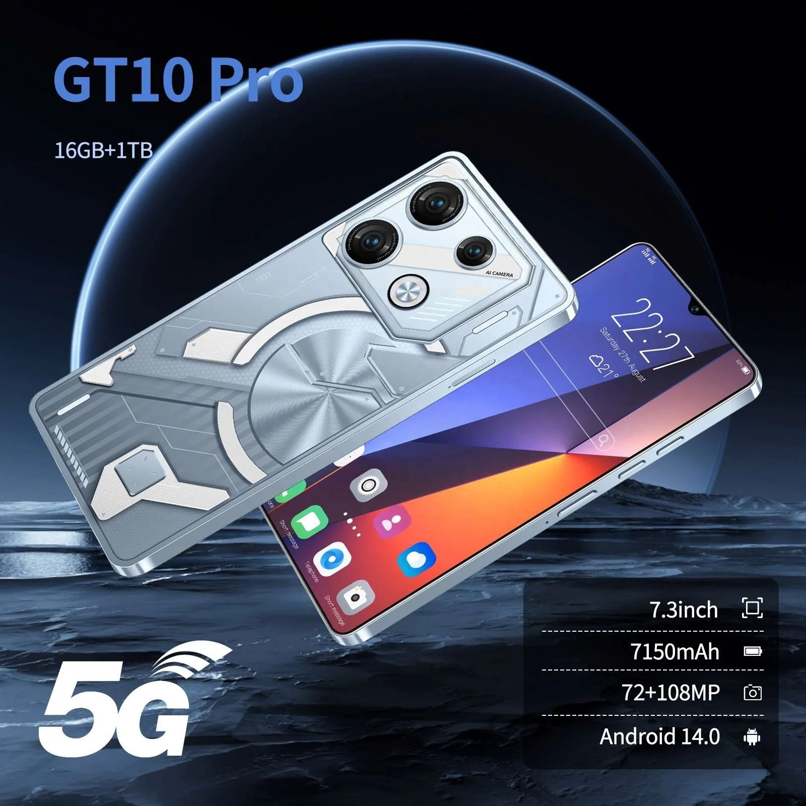 Hot Selling Original 5g Smartphone Gt10 Pro 7.3 Inch Face Unlock 16gb ...
