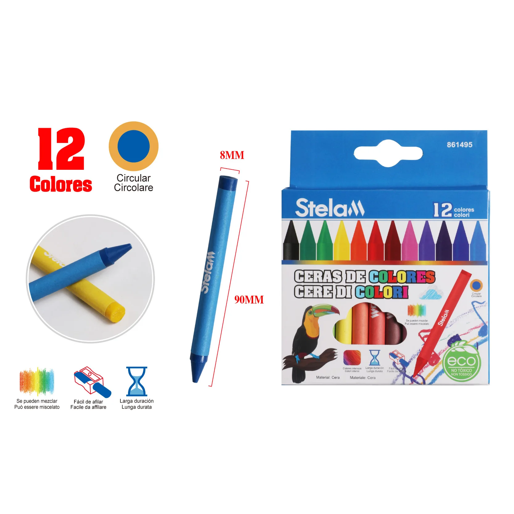 Peiyong 8mm Eco-Friendly Wax Crayons 12 Color Set for Kids Washable ...