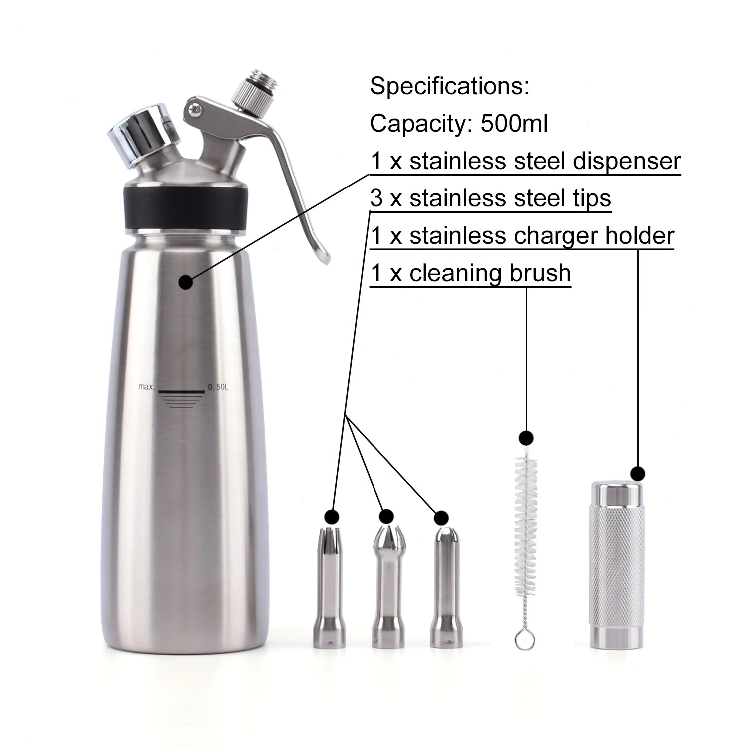 500ml Stainless Steel Whipped Cream Dispenser for Commercial Use