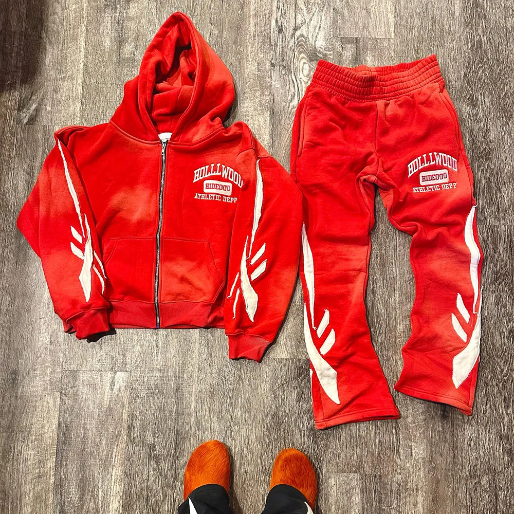 Custom Distressed Applique Patch Embroidery Jogger Tracksuits Acid Wash ...