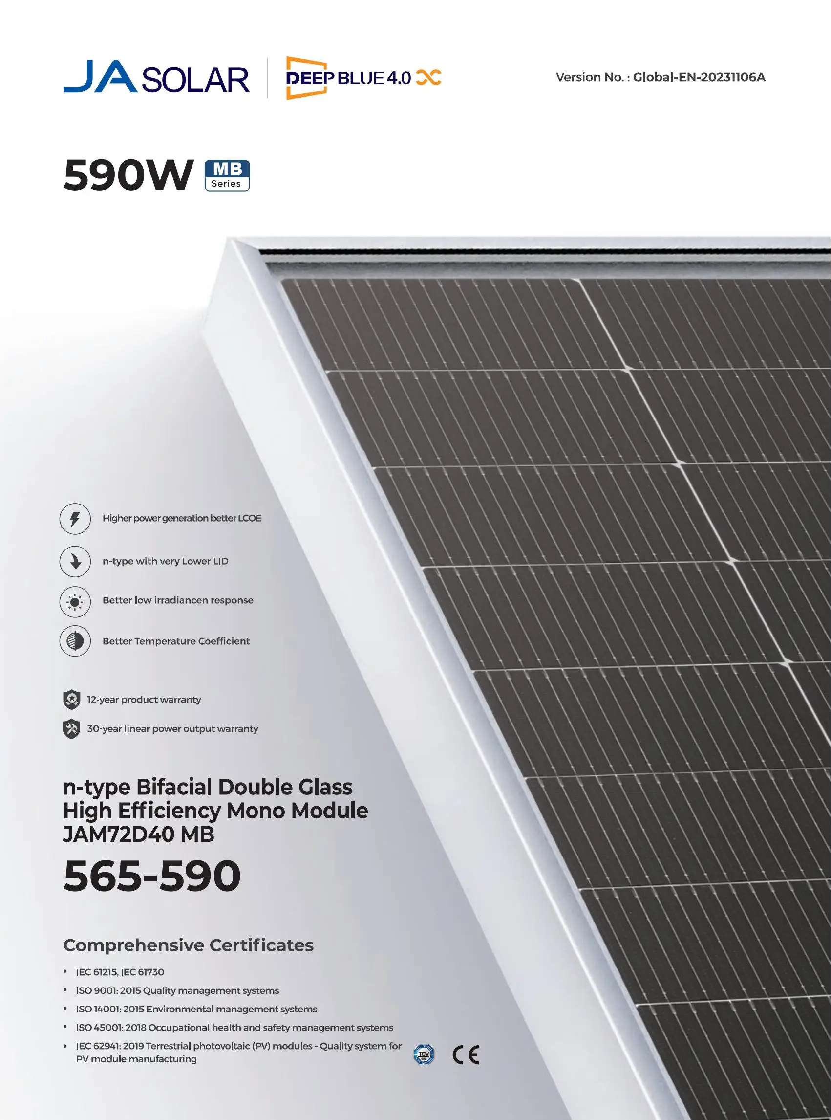 JA Solar JAM72D40LB 575w 580w 585w 590w 600 Watts Solar Panel