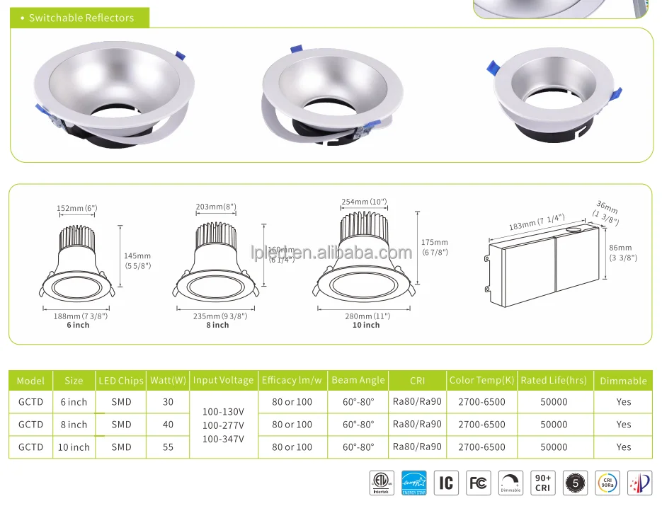 ETL LED Commercial Downlight Alternative Face Ring 3CCT Adjustable ...