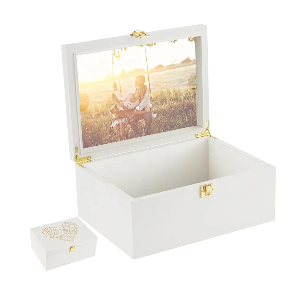 Large White Wooden Memory Keepsake Boxes with Hinged Lid and a Photo ...