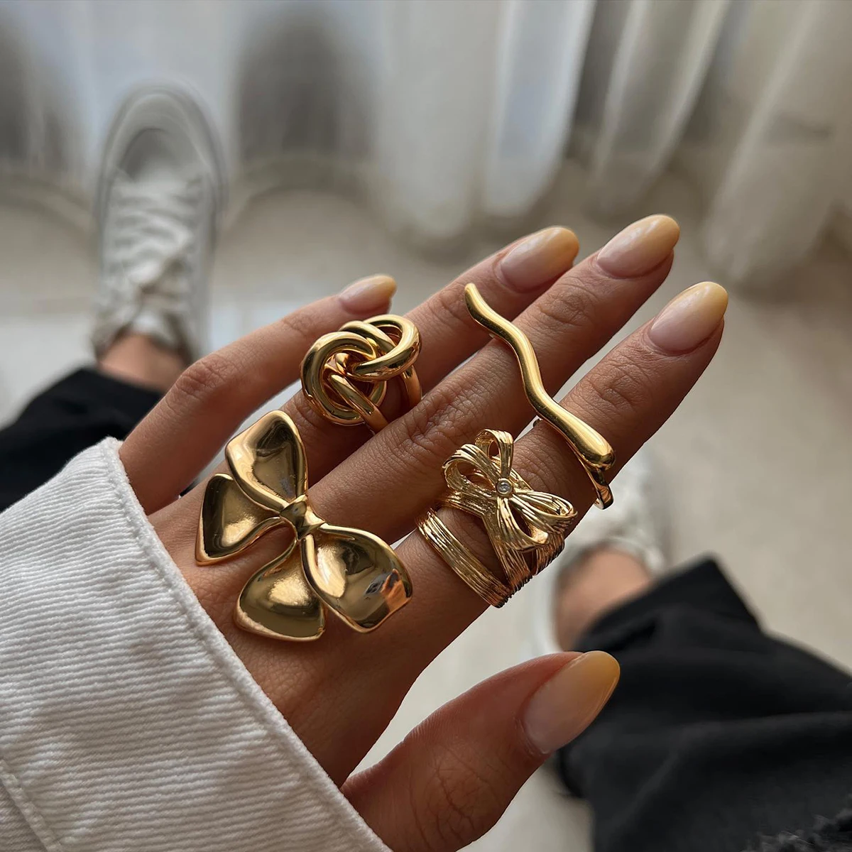 J&D Simple 18K Gold Plated Rings Jewelry Women Stainless Steel Adjustable Corrugated Line Open ...