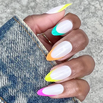 Elegant French Nails Tips Rainbow Pre Design Pressure Nails Faux Ongles ...