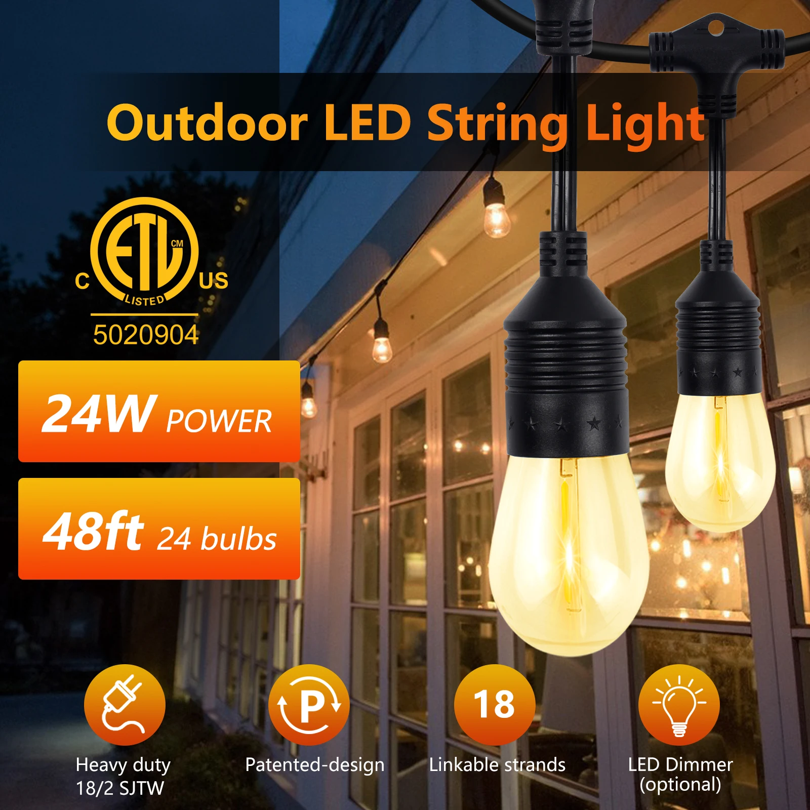 48ft 24 Bulbs 18/2 Sjtw Heavy Duty Cord Hanging Sockets Vintage Edison ...