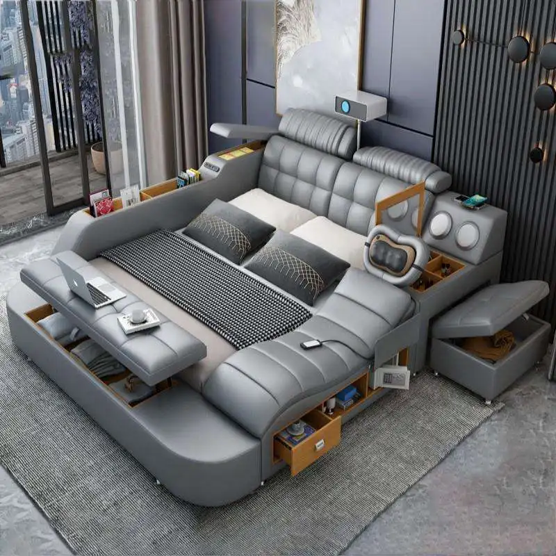 Hotsale Luxury Leather Smart Bed Multifunctional Bed Tatami King Size ...