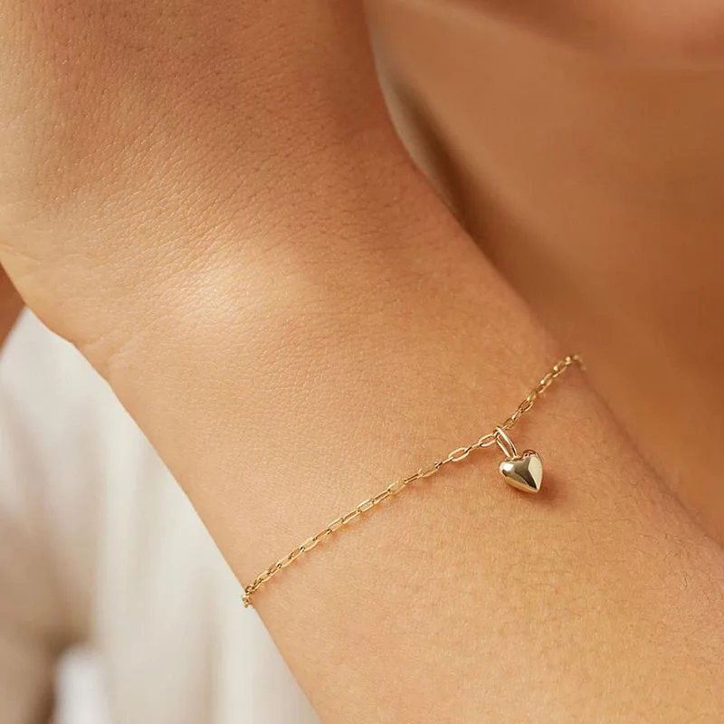 Gemnel Fashion INS 14K Gold Plated 925 Sterling Silver Single Heart Charm Bracelet for Women and ...