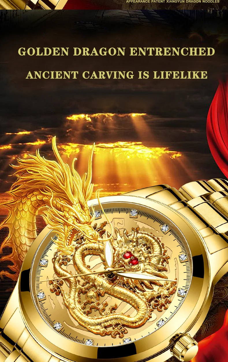 Fngeen Luxury Skeleton Embossed Golden Dragon Watch Men's Waterproof ...