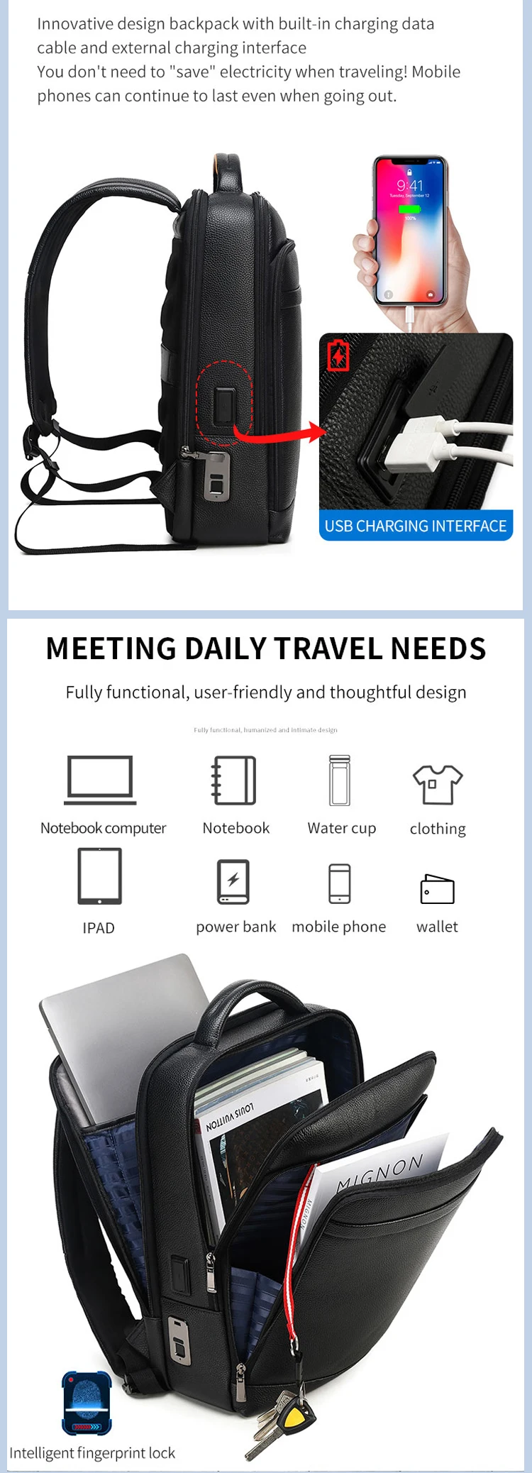 Men's Leather Backpack Smart Fingerprint Lock Anti-theft Computer ...