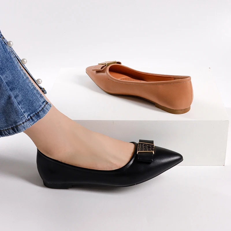 Latest Pointy Toe Flats Nude Shoes Women Leather Low Cut Close Shoes ...