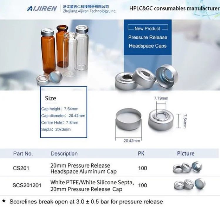 Aijiren Factory Price 20mm Crimp Top Hplc Gc Vial Aluminum Cap With Centre Hole And Ptfe ...