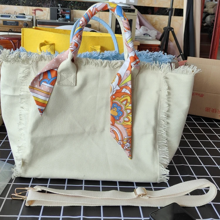 Smile Face Heavy Canvas Fringe Summer Beach Bag Shopping Pool Tote