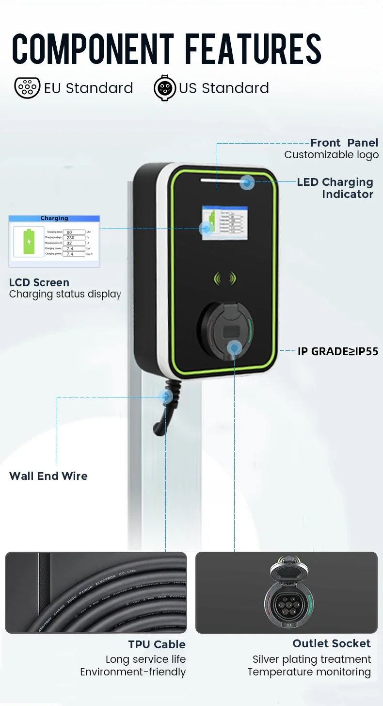 Home Wall Mount 22kw Type 2 3phase 32a 7kw Ac Ev Charger Wallbox Electric Vehicle Car Charging ...