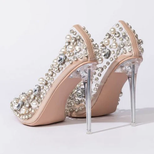 Luxury Pearl Rhinestone Beaded High Heels Ladies Party Dresses Women's ...