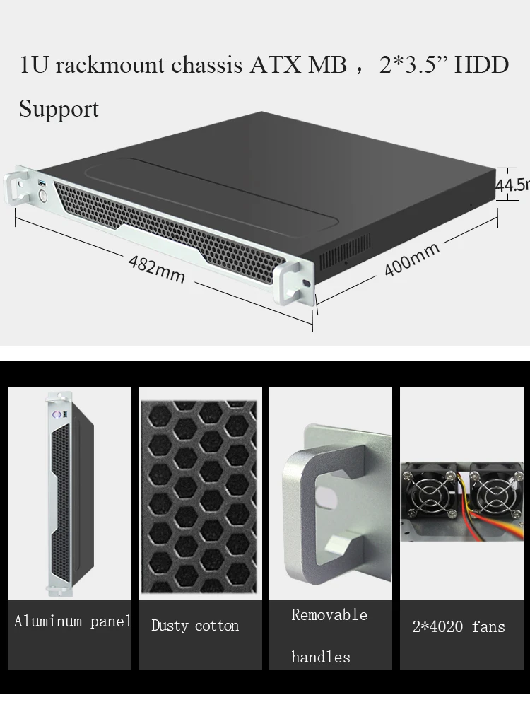 Aluminum Panel 19inch 1U Rackmount Server Chassis for AI