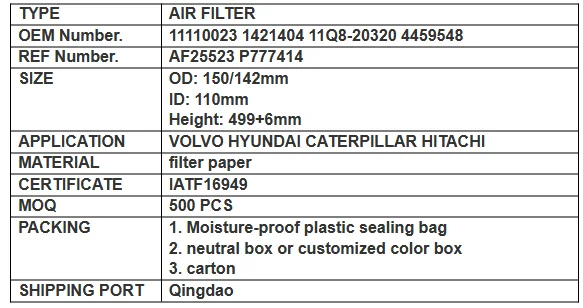 Truck/car/excavater/heavy Machinery Construction Equipment Air Filter ...