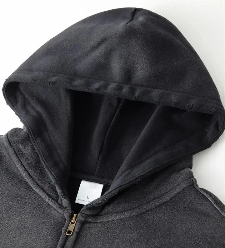 Custom Quality Stone Acid Wash Zip up Hoodie Distressed Zipup Sunfaded ...