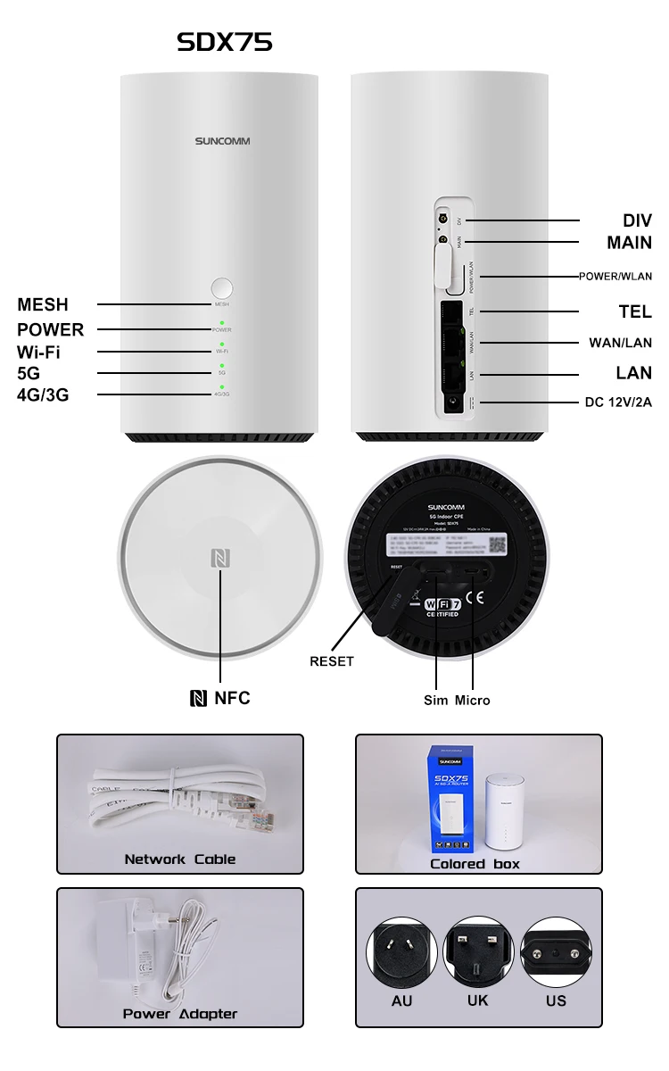 SUNCOMM SDX75 5G sim路由器蜂窝BE7200运营商聚合全家庭WiFi 7网状网关NFC企业X75 5g路由器| Alibaba.com