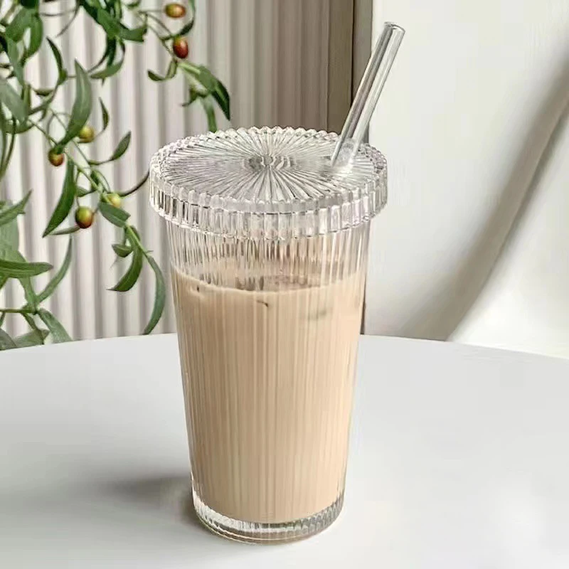 375ml Transparent Bubble Tea Cup Simple Ribbed Vertical Stripes Glass ...