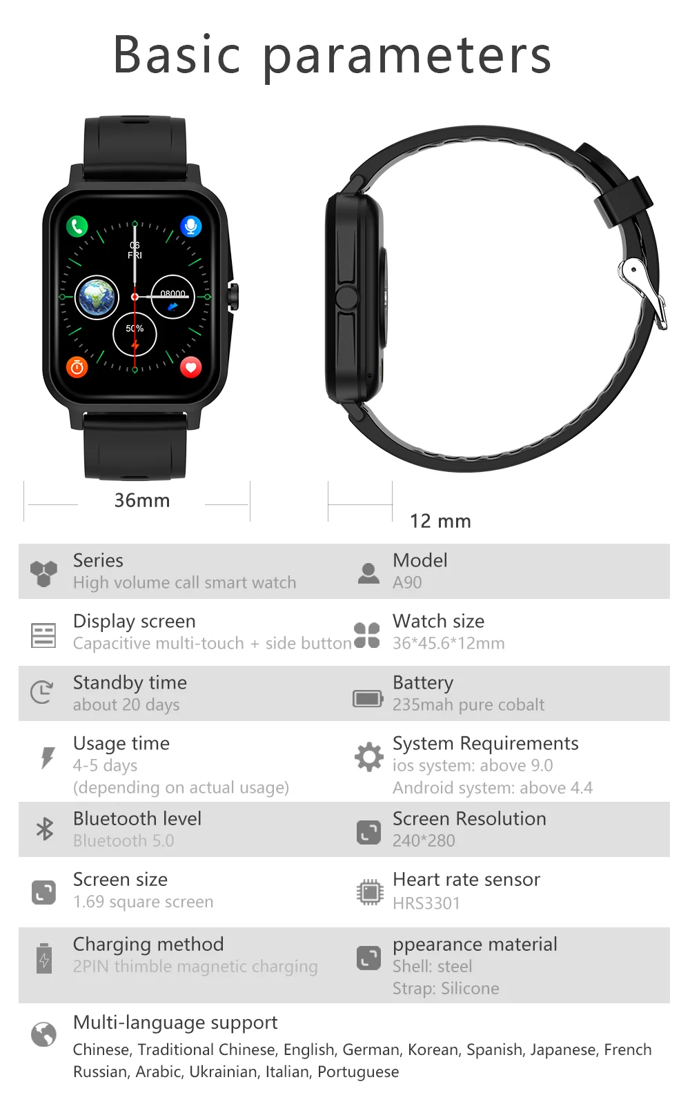 Smart Watch 2022 A90 Temperature Smartwatch Ip67 Waterproof Fitness ...