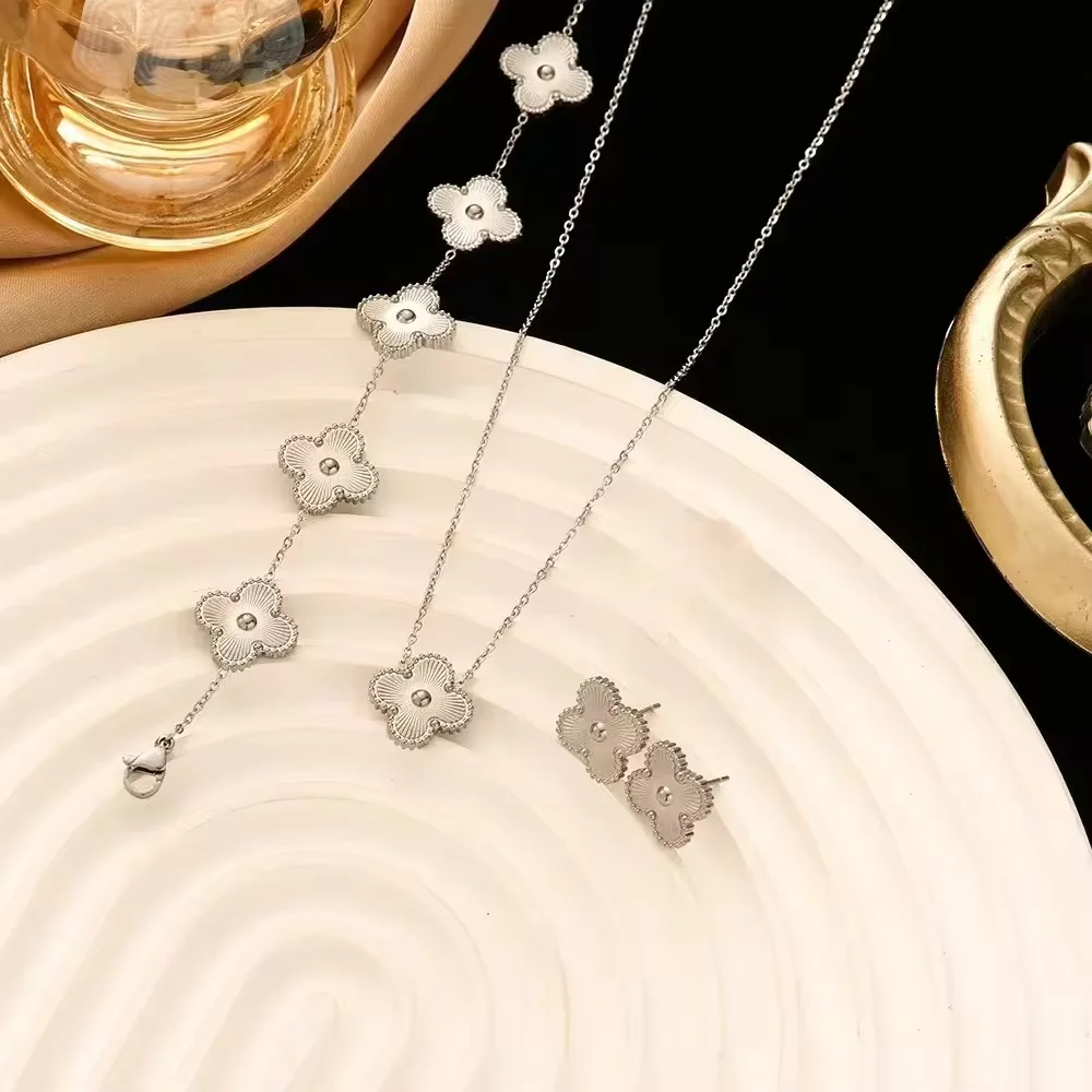 15mm Four Leaf Clover Flower Clavicular Chain Jewelry Sets Stainless ...