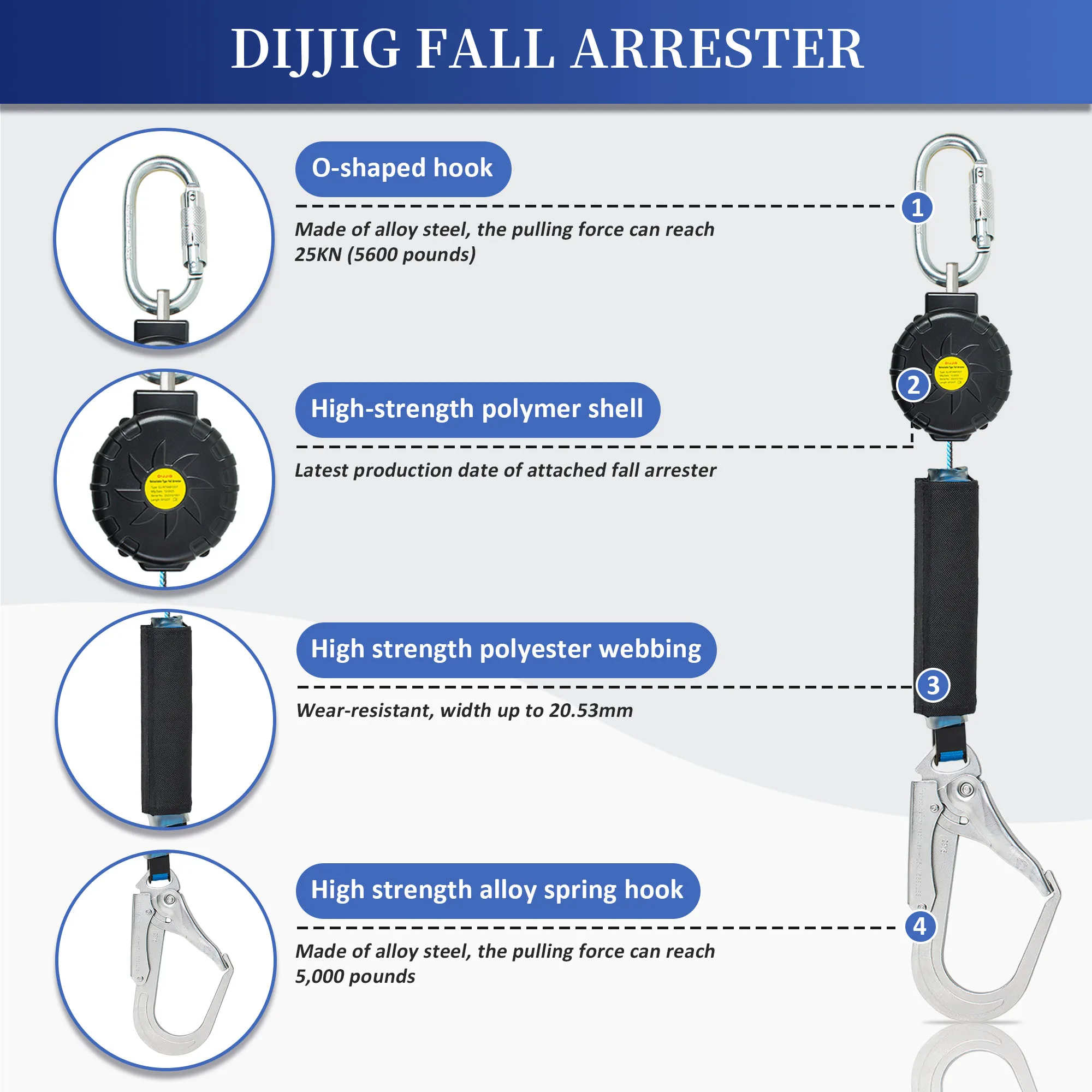 High Strength New Retractable Wire Rope Type Fall Arrester Solid and ...