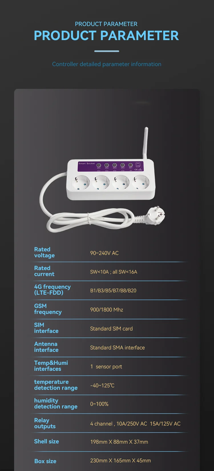 Smart Power Socket with 4 Outlets and Temperature Sensor