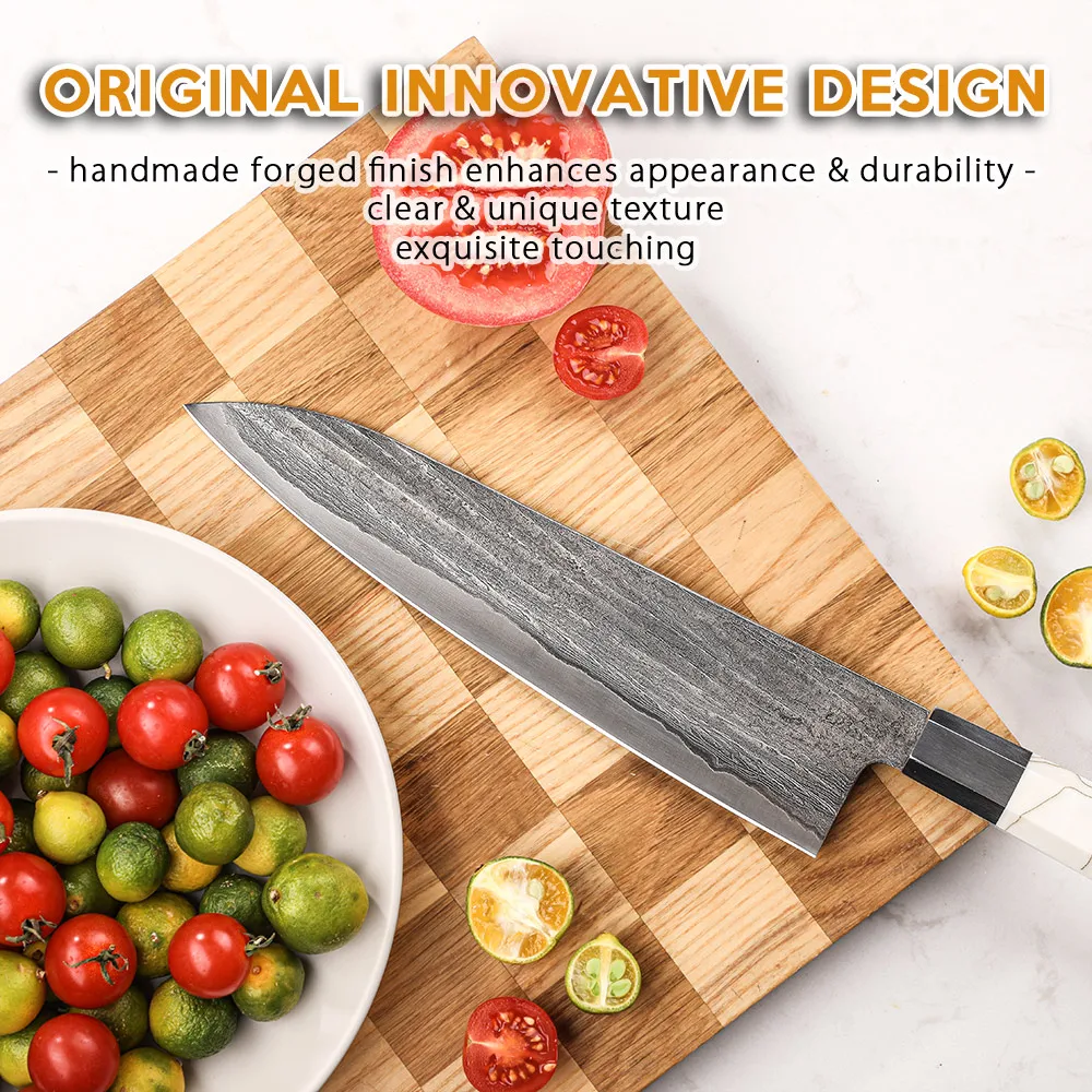 Amber Japanese Knife Set Damascus Steel Real Forged Kitchen Knives New ...