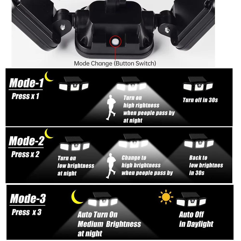 PIR Motion Sensor Solar Flood Lights IP65 Waterproof 3 Heads