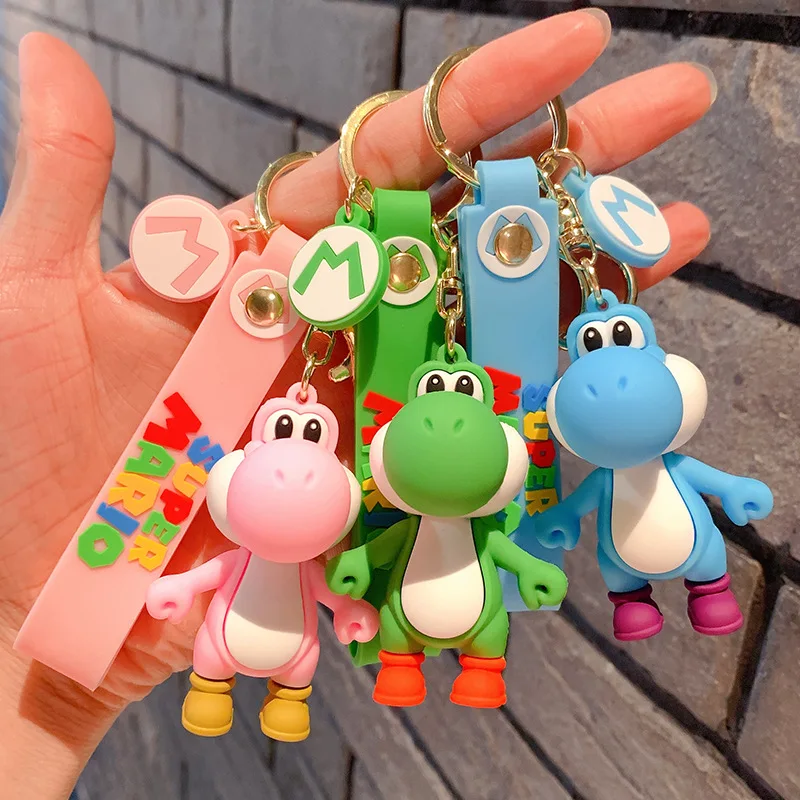 Lovely Cartoon Mario Yoshi Keychain 3D Doll Backpack Decoration Car Key ...