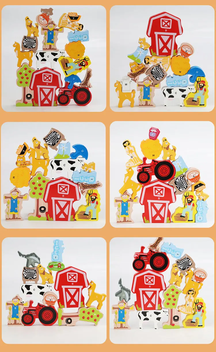 Educational Farm Animals Dinosaur Wood Building Blocks