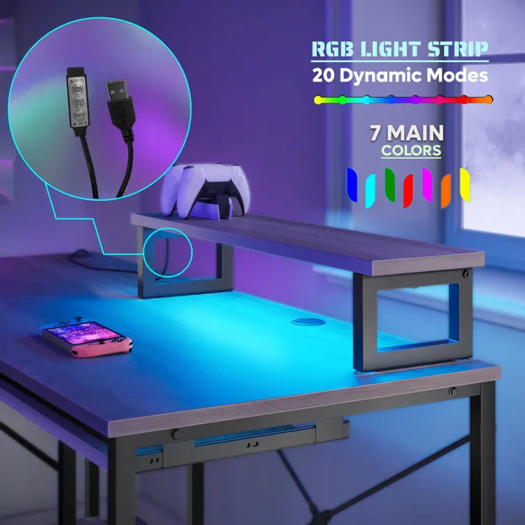 AJUNION Multi-Functional Gaming Desk with LED RGB Lights Dual Monitor ...