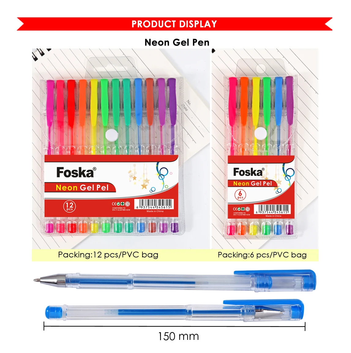 Foska Stationery Kids Students Neon Glitter Gel Pen 6 Colors