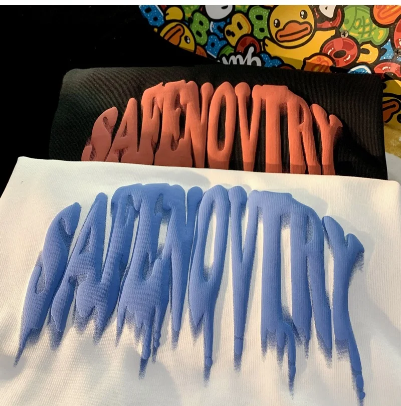 100% Cotton Round Neck 3D Puff Print t Shirt White Plain Plus Size Foam ...