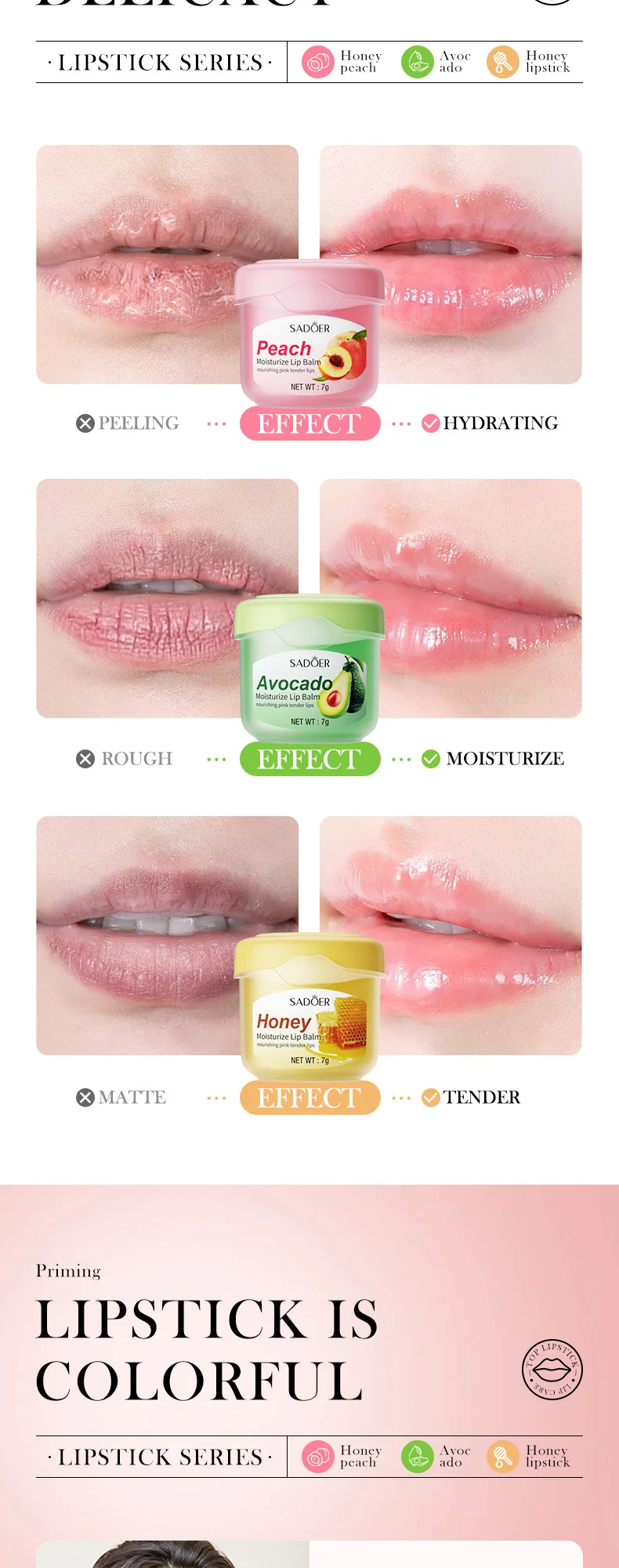 Sadoer Honey Peach Avocado Moisturize Lip Balm Nourishing Pink Tender ...