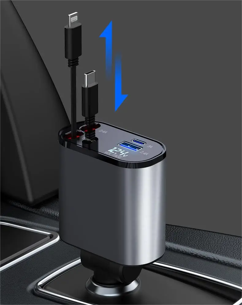 Fast Usb C Retractable Car Charger Led Digital Display 120w 4 In 1 Quick Adapter 2 Port Type C ...