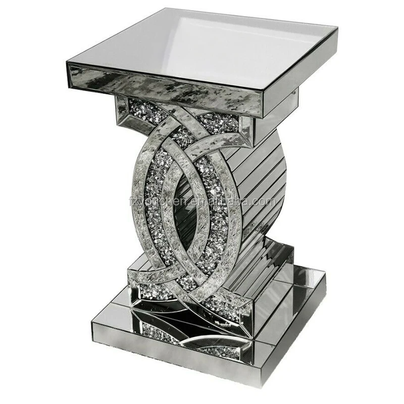 Modern Crushed Crystal Side Table With Mirrored C Pedestal Solid Wood ...