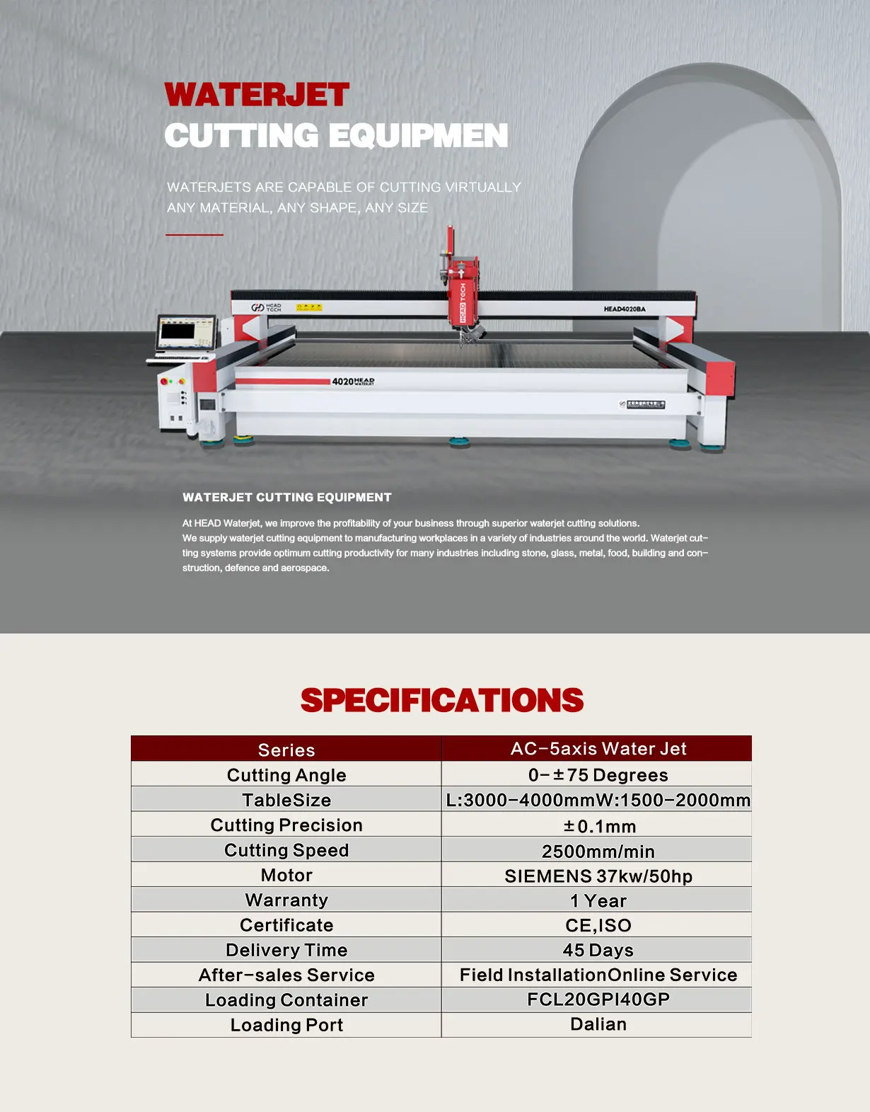 45 Degree Granite Stone Slab Cutting Machine CNC Water Jet Cutting