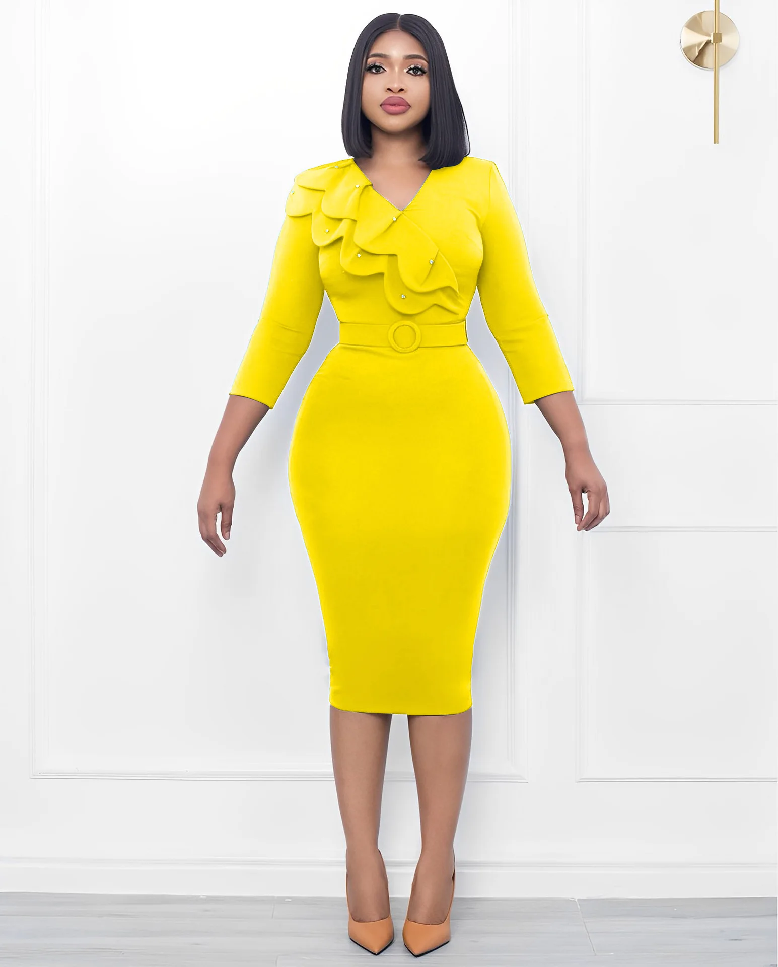 Q090 Hot Selling Ladies Office Dresses Women Formal Work Three Quarter Sleeve V Collar Bead ...