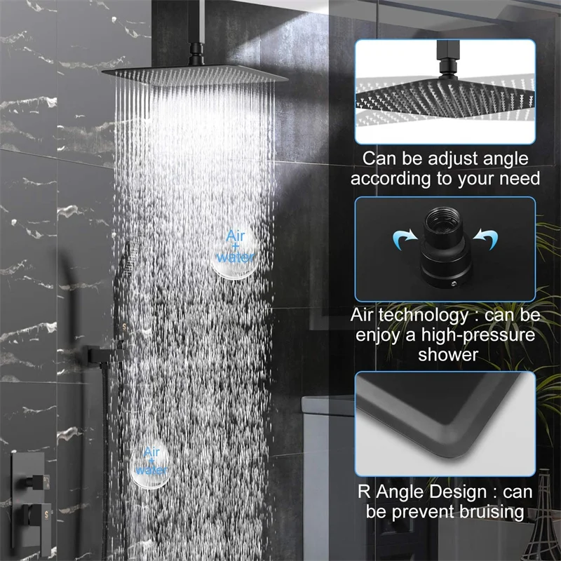 Modern 12 Inch Ceiling Rain Shower System - Black & Stainless Steel