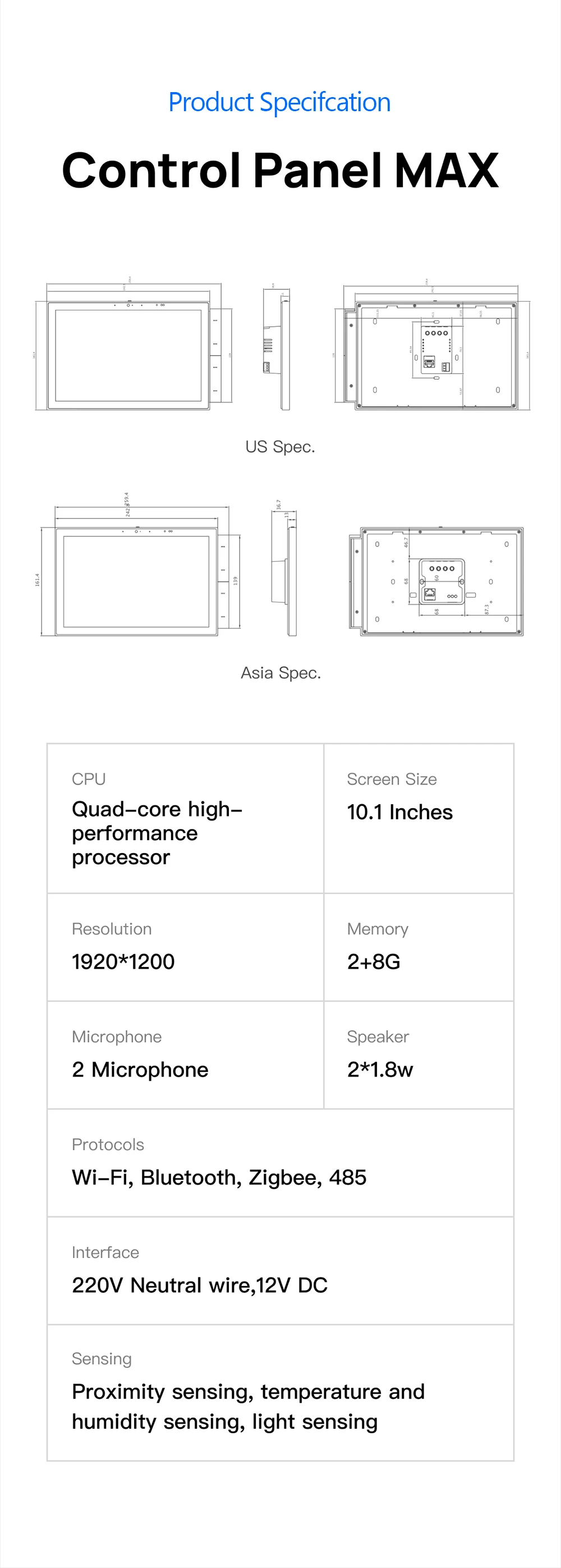 Tuoan Smart T2E - 10.1 Inch Touch Control Panel with Alexa