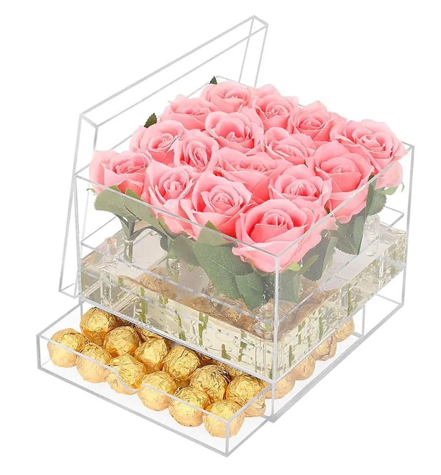 Custom Clear Acrylic Rose Box Lucite Preserved Flower Box with Drawer ...