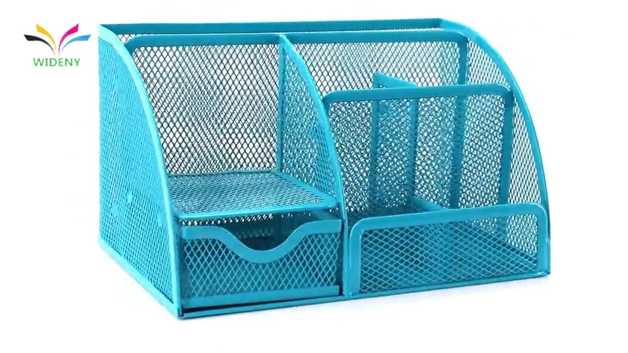 6 Compartments Office Supplies Blue Black Desk Organiser Metal Mesh ...