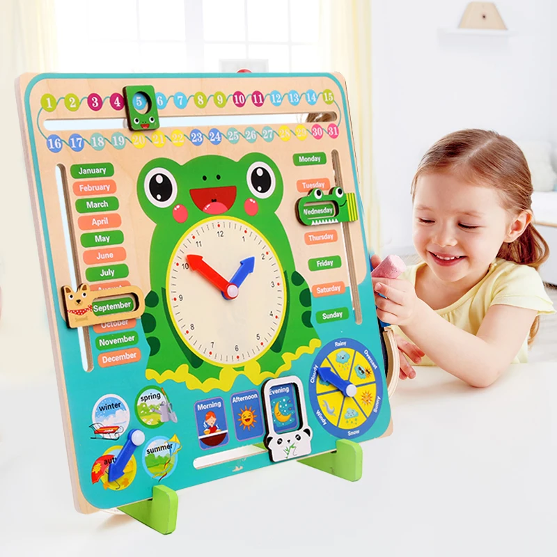 Wooden Montessori Toy Clock Calendar Weather Season Month Cognitive ...