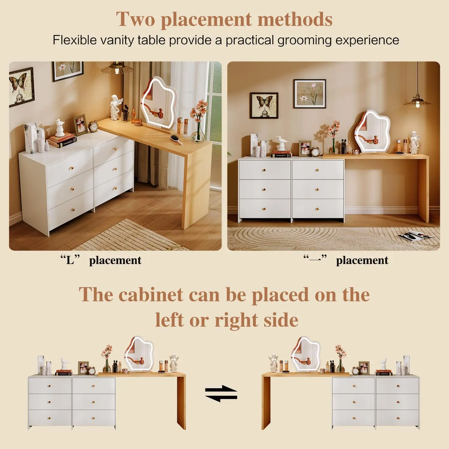 Modern Corner Makeup Vanity Table,with LED Mirror and Drawers,with ...