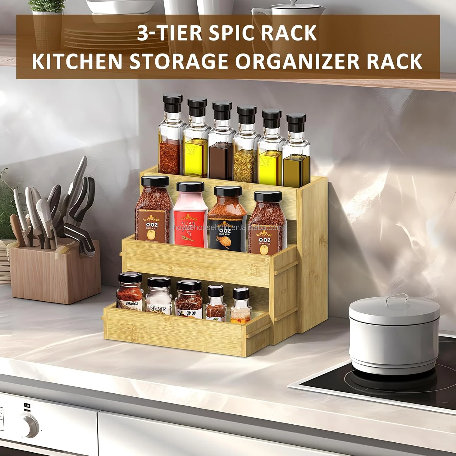 3 Tier Bamboo Pull-out Syrup Bottle Holder Stand Coffee Syrup Organizer ...