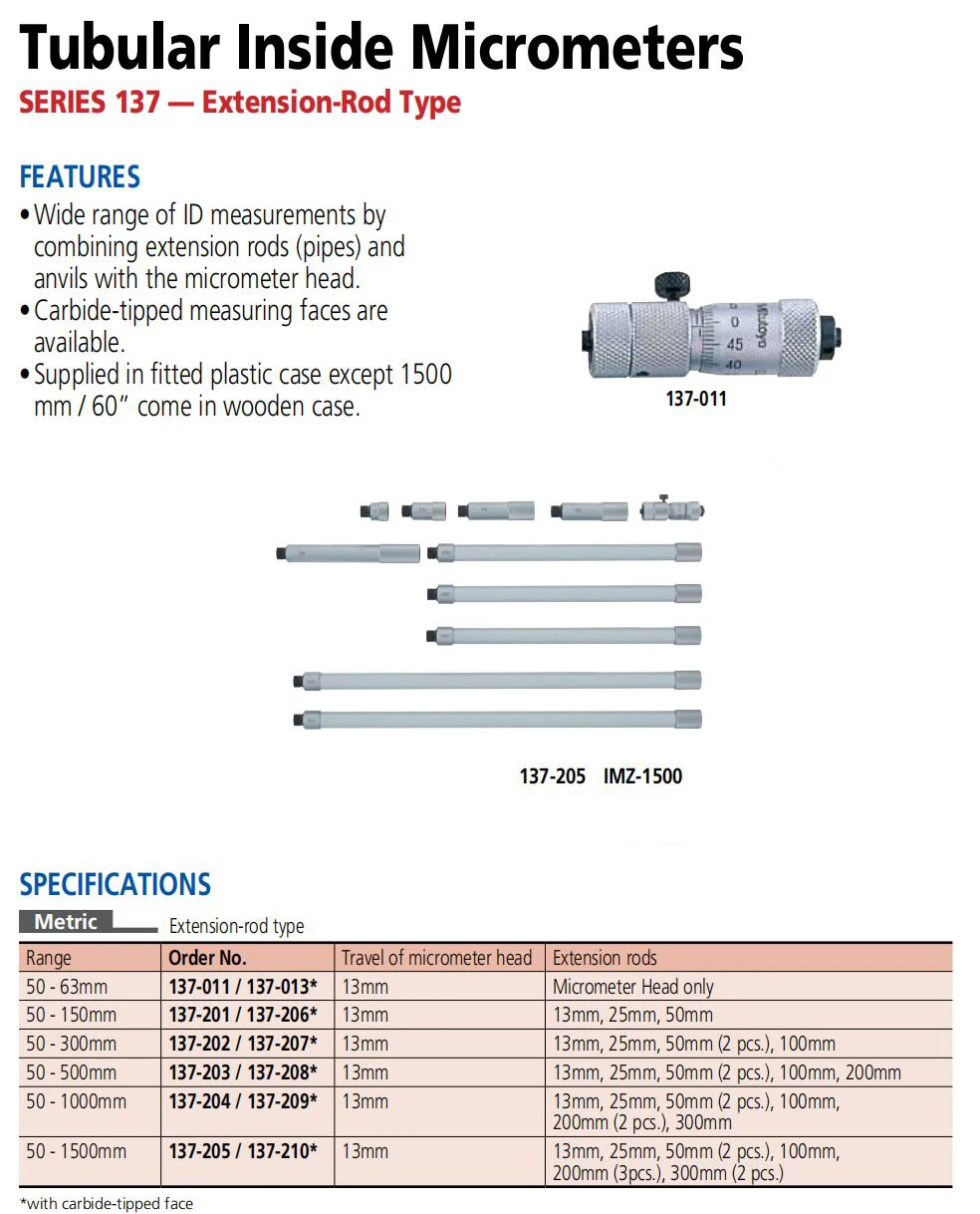 Mitutoyo 137-205 50-1500mm Tubular Inside Micrometers, Graduation 0 ...
