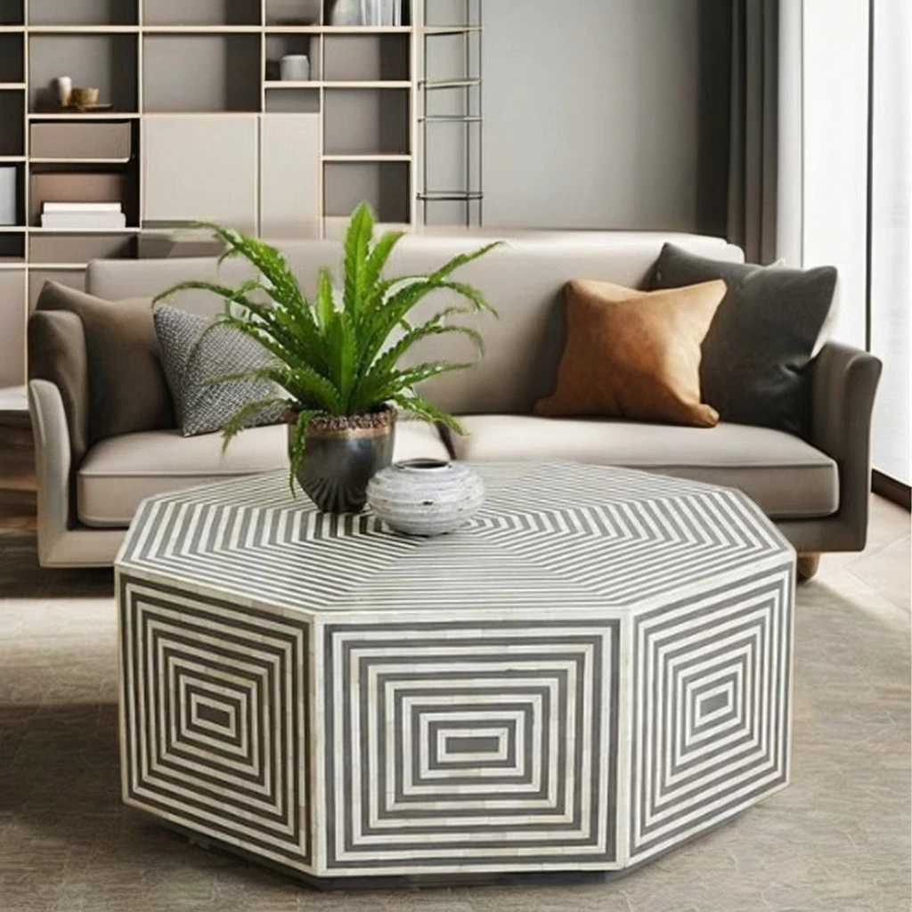 Handmade Luxurious White Bone Inlay Coffee Table Elegant Geometric ...