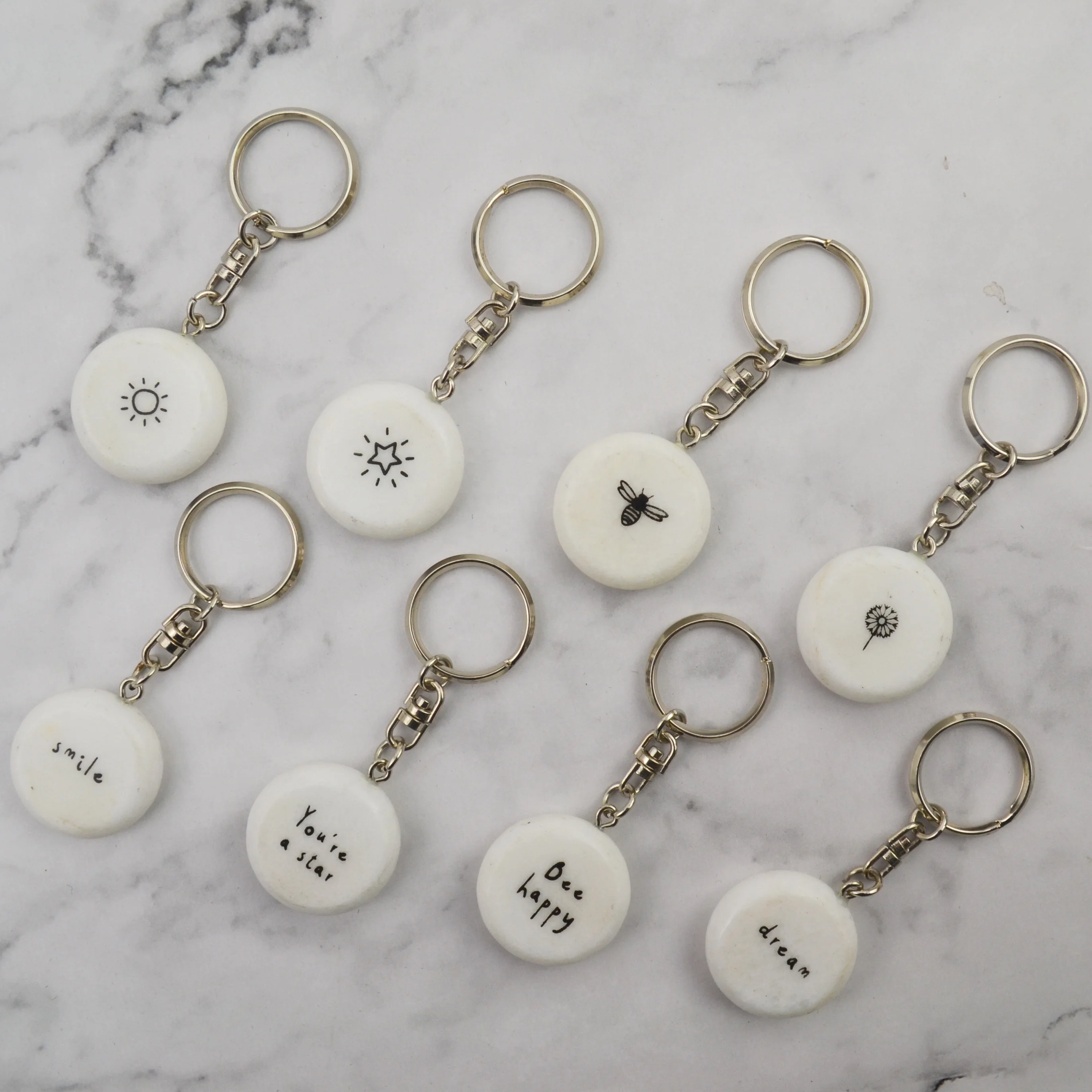 Natural Write Round Shape Stone Logo Custom Design Marble Keychain Key ...